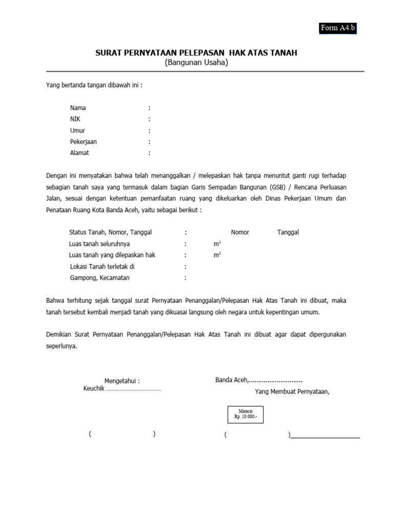 Form A4.b - Surat Pelepasan Hak (Usaha) | PDF
