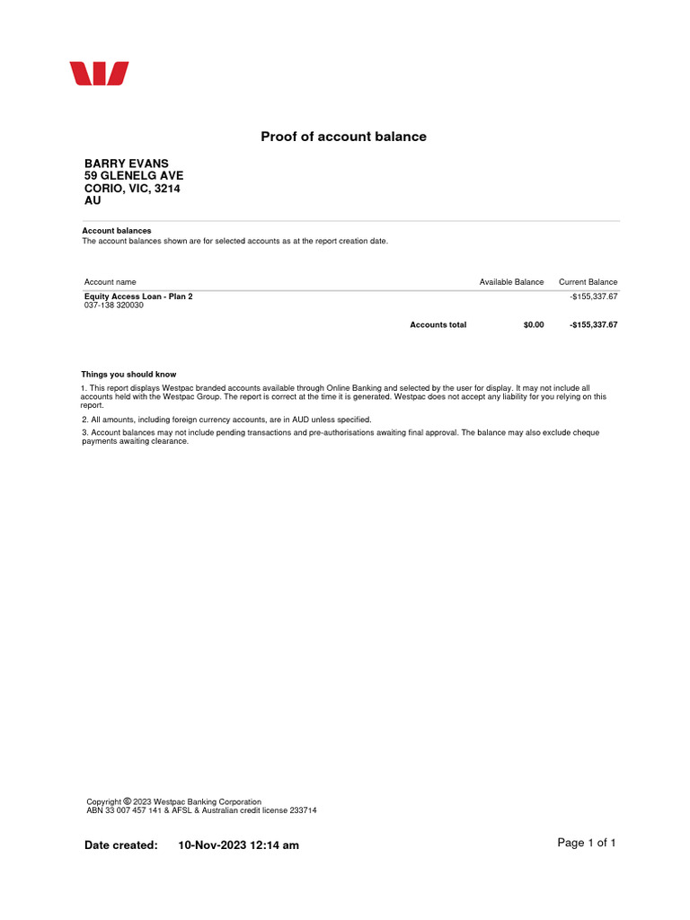 Proof of Balance - 20231110001439 | PDF