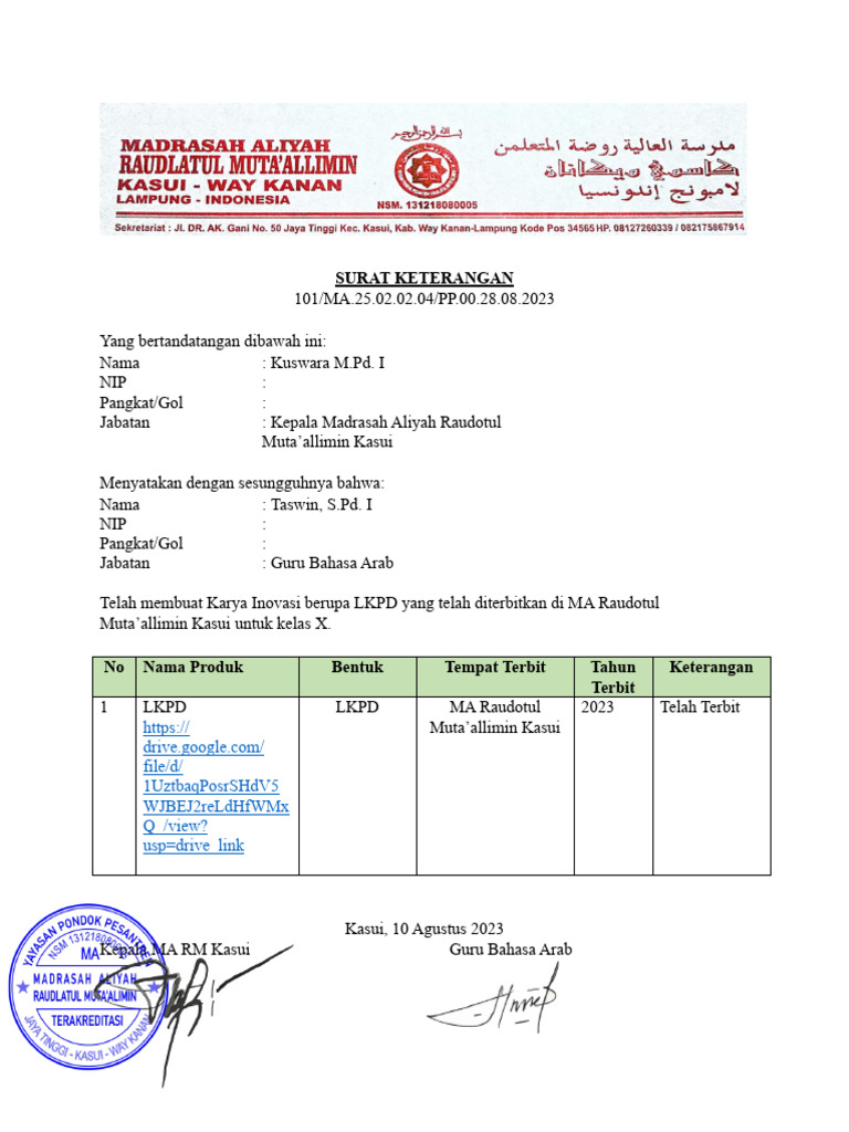 SURAT - KETERANGAN - KARYA - INOVASI - LKPD (1) Taswin | PDF