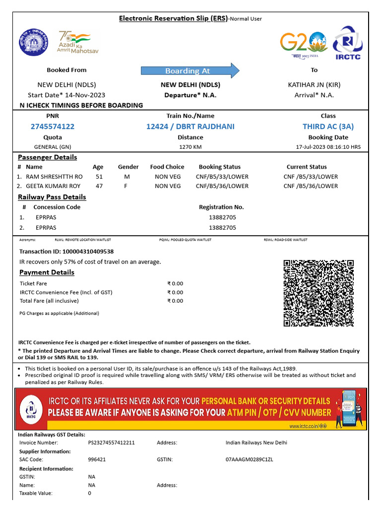 DBRT Rajdhani Third Ac (3A) | PDF | Identity Document | Payments