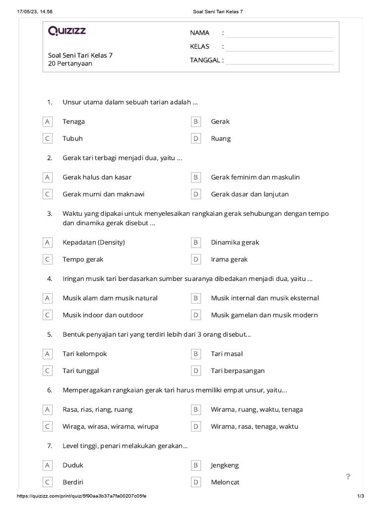 Soal Seni Tari Kelas 7 | PDF Soal Seni Tari Kelas 7 | PDF