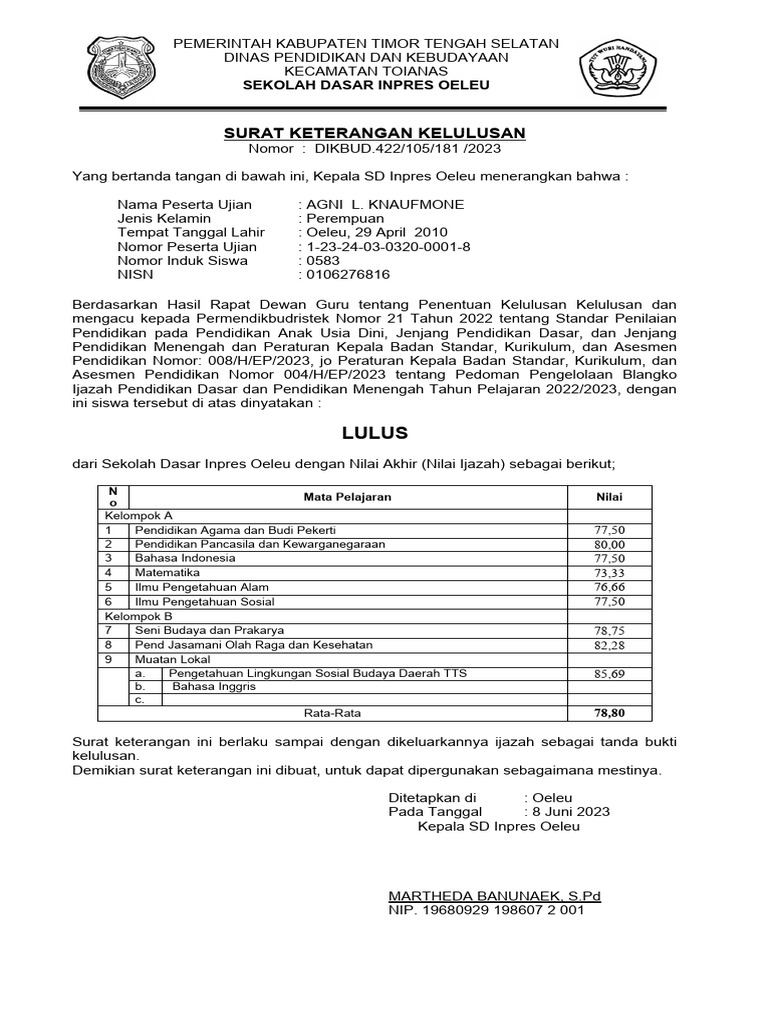 Format SKL SD 2023 Kab - Tts (Model) | PDF