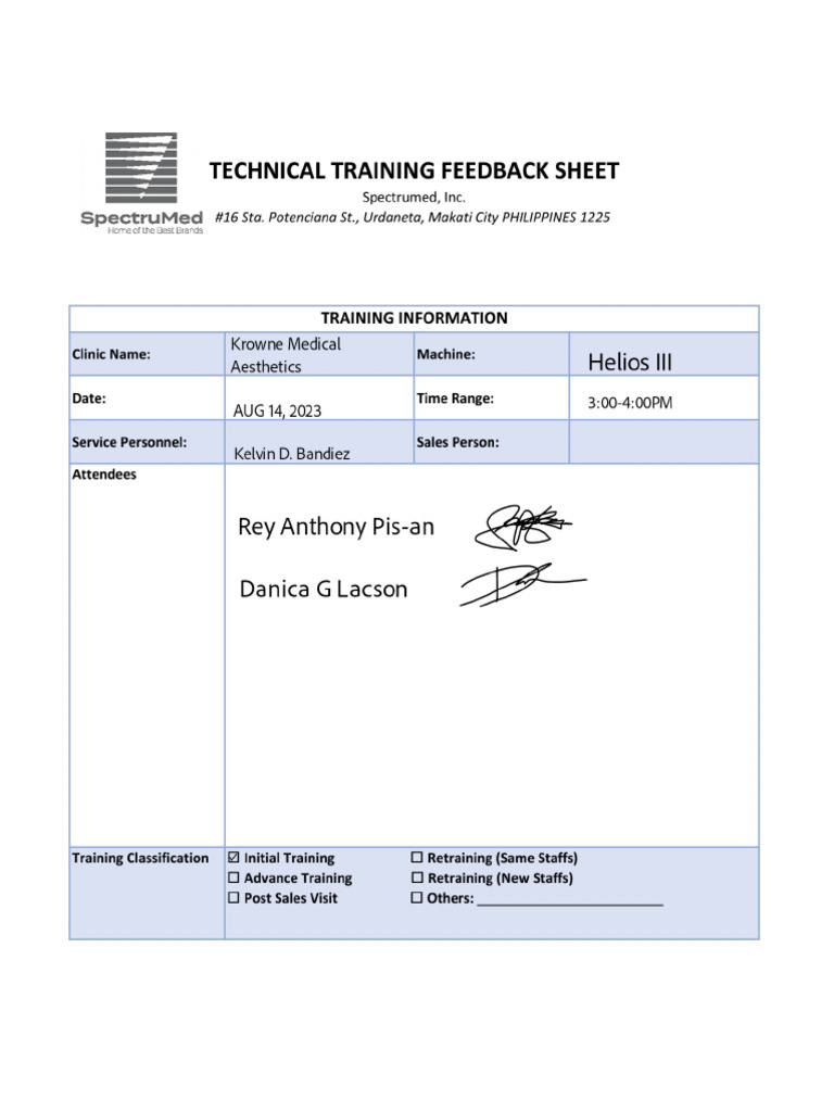 Technical Training Helios III Krowne Medical Dumaguete | PDF
