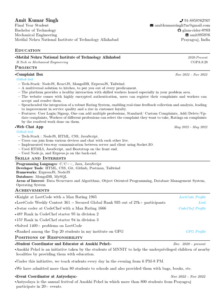Amit Kumar Singh Resume | PDF | Java Script | Computer Science Amit Kumar Singh Resume | PDF | Java Script | Computer Science