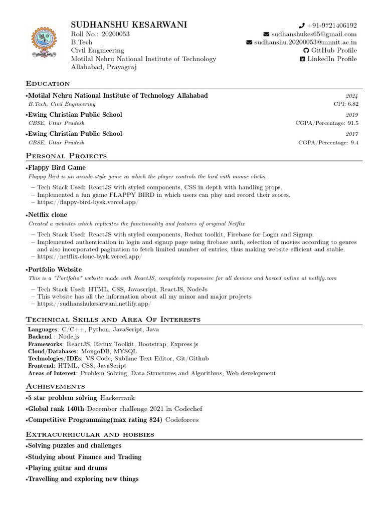 NIT Allahabad Resume | Download Free PDF | Java Script | Computer Programming