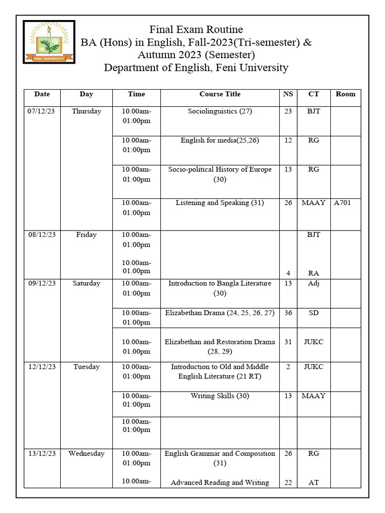 Autumn and Fall 2023 Exam Routine Final 2023 | PDF