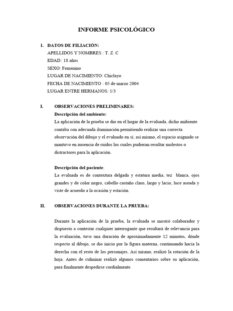 Informe Psicológico - Familia | PDF