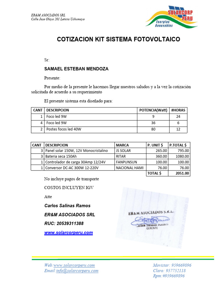 Cotización Sistema Fotovoltaico | PDF | Tecnología