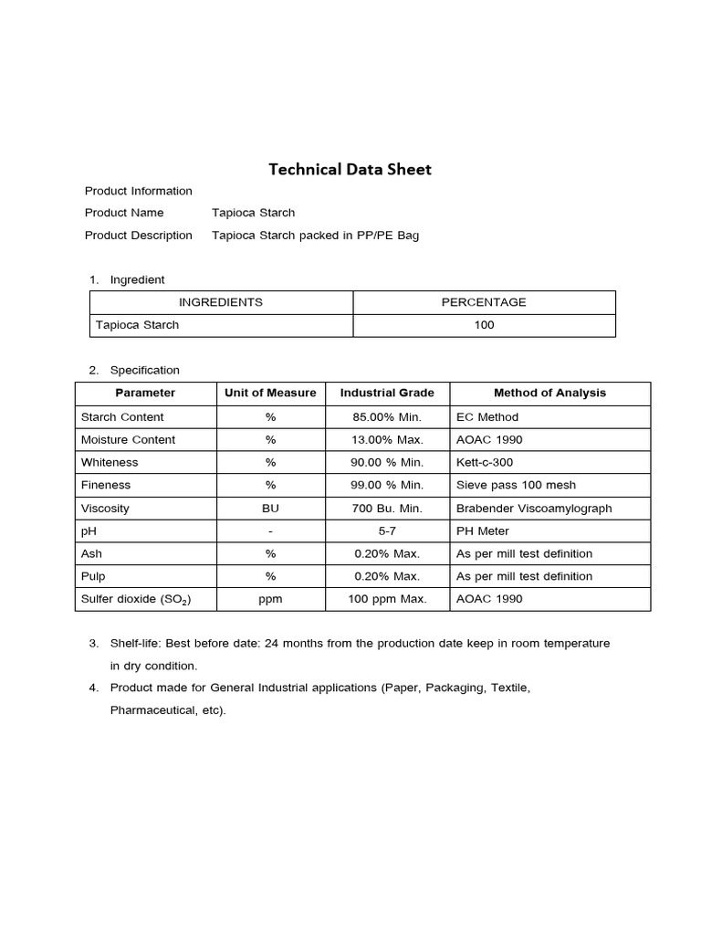 Technical Data Sheet - Tapioca Starch | PDF