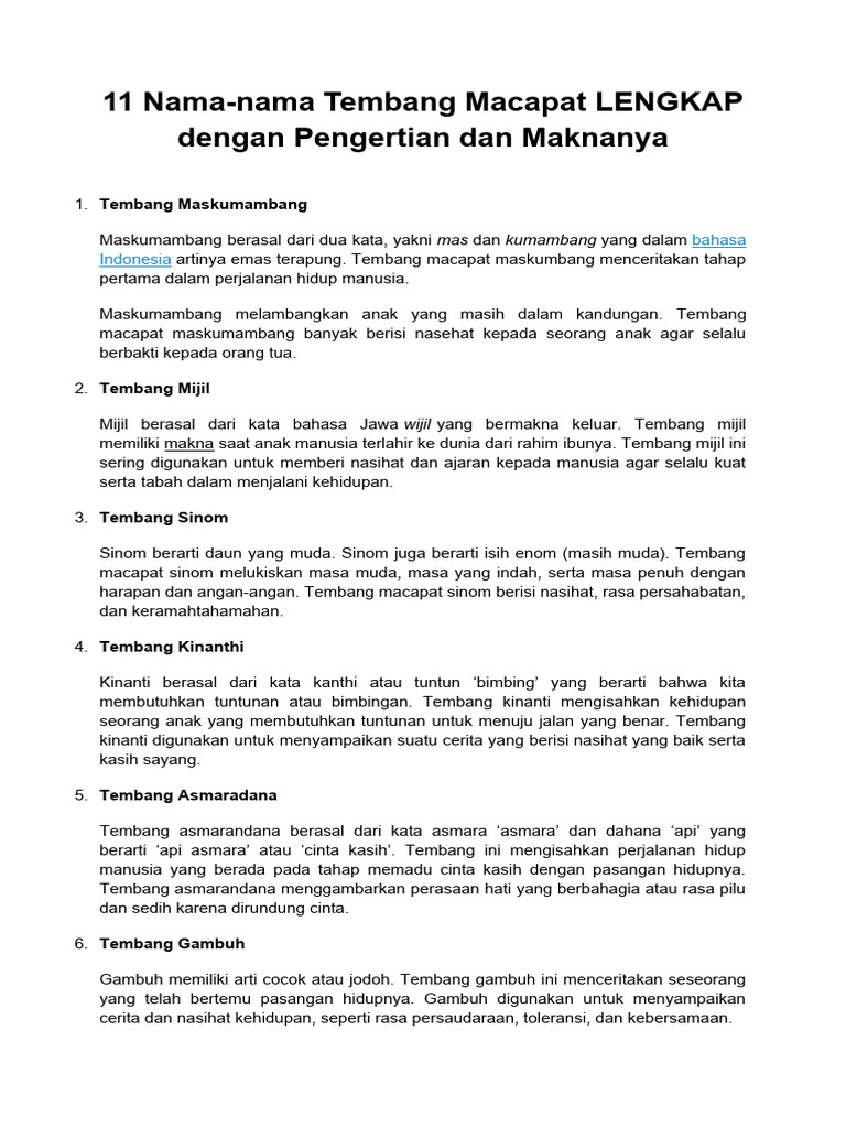 11 Nama-Nama Tembang Macapat LENGKAP Dengan Pengertian Dan Maknanya | PDF