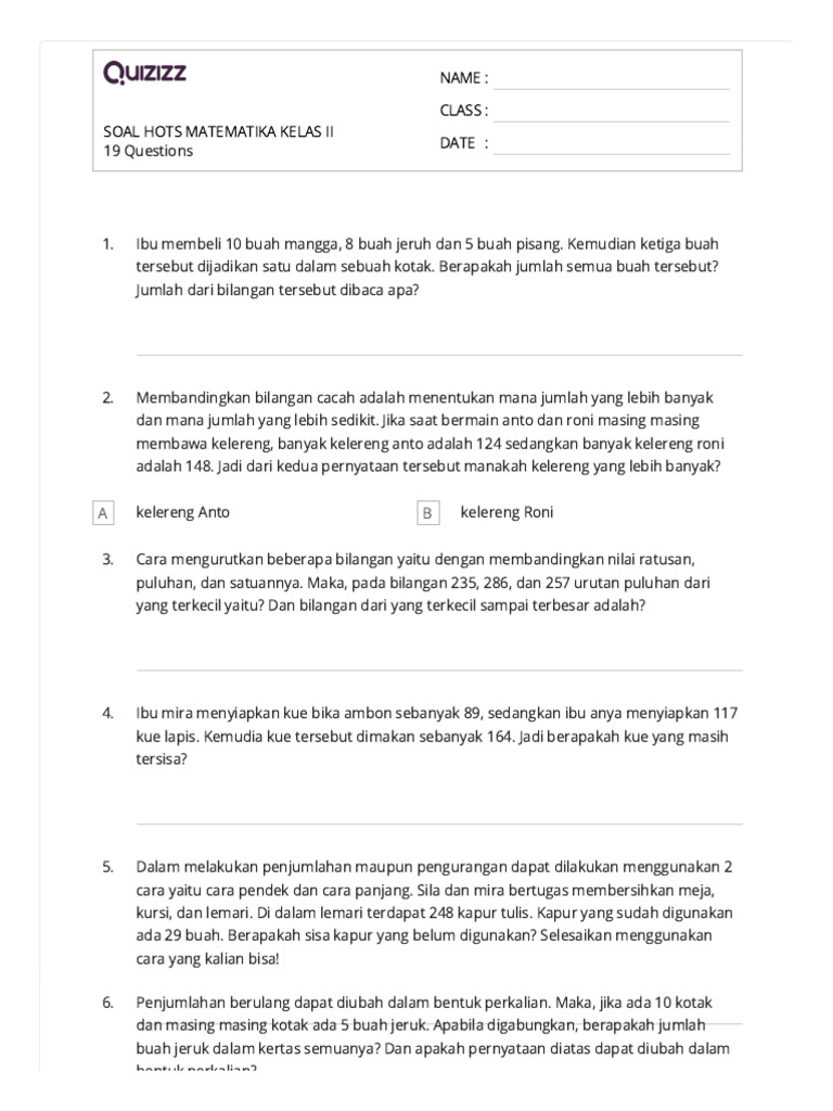 Soal Hots Matematika Kelas Ii | PDF