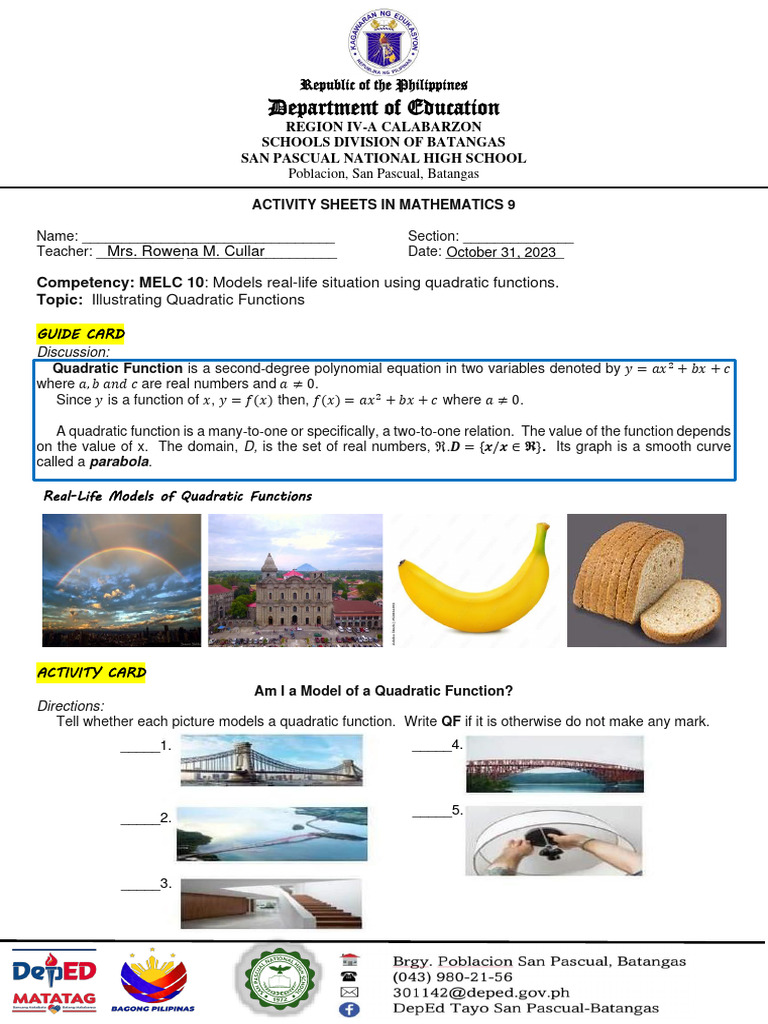 Intro To Quadratic Function | PDF | Function (Mathematics) | Computational Science