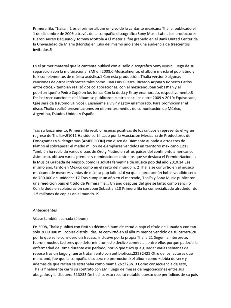 Thalía: Éxito de "Primera Fila" en Vivo | PDF | Industria de la música | Musica en español