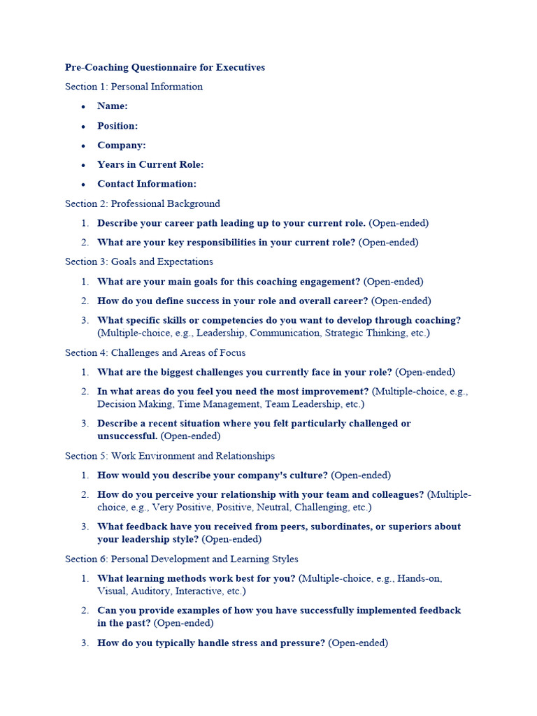 Pre-Coaching Questionnaire For Executives | PDF | Leadership | Behavior ...