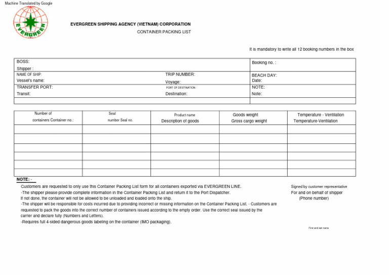 Seadragon Logistics - Container Packing List - Evergreen | PDF ...