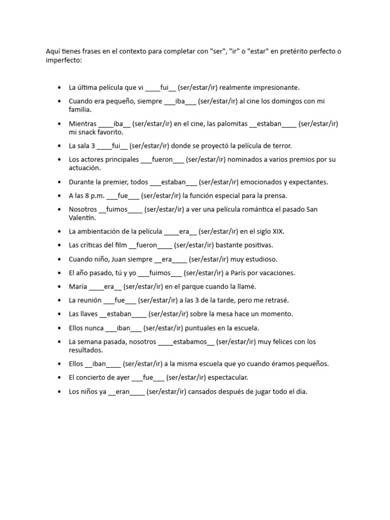 Completa Con Ser, Ir o Estar en Pretérito Perfecto o Imperfecto | PDF