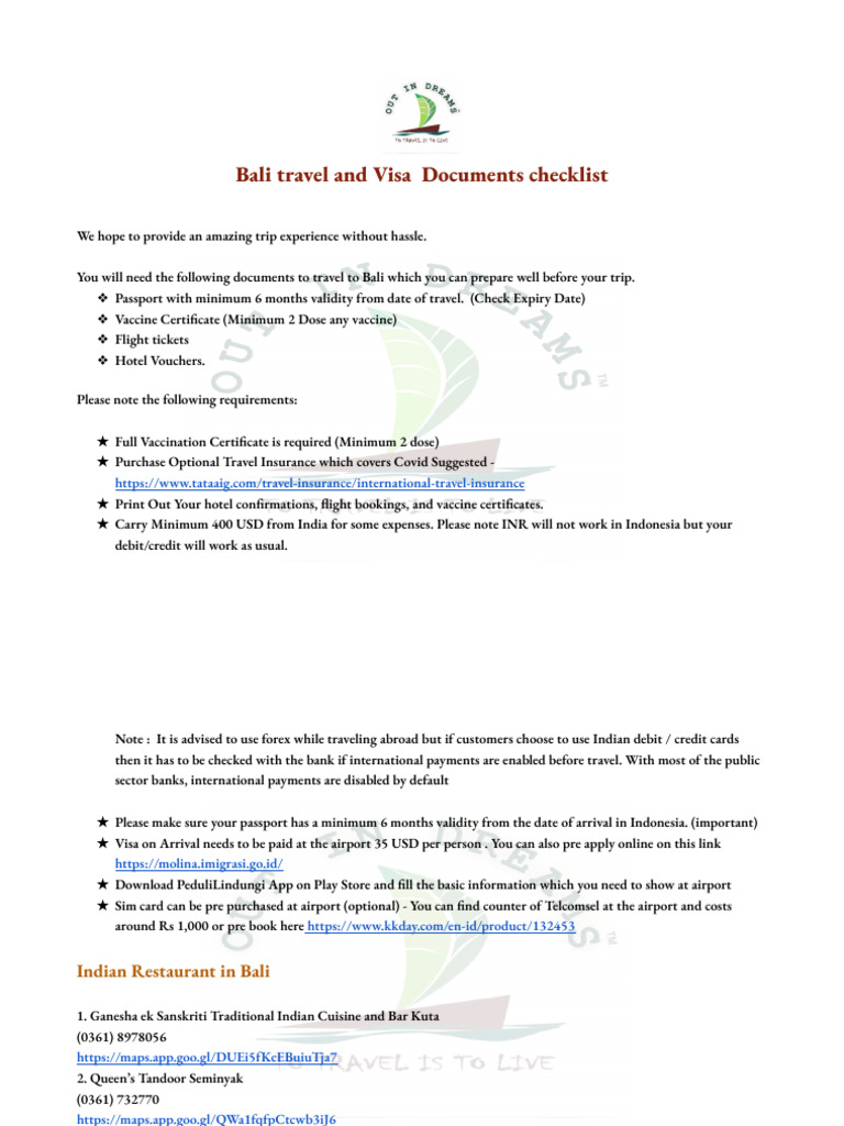 Bali Travel and Visa Documents Checklist-Revised | PDF | Debit Card | Visa Inc.