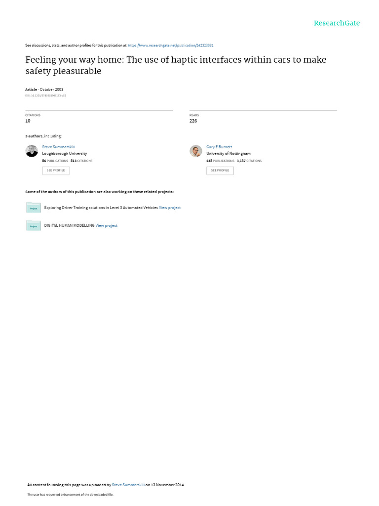 Feeling Your Way Home The Use of Haptic Interfaces | PDF | Car | Experience