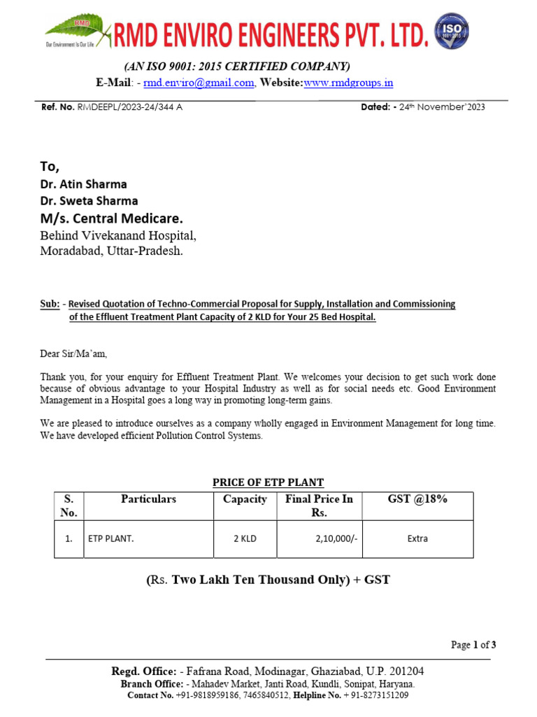 344 A. Revised Quotation - Central Medikare - Etp Plant 2 KLD | PDF ...