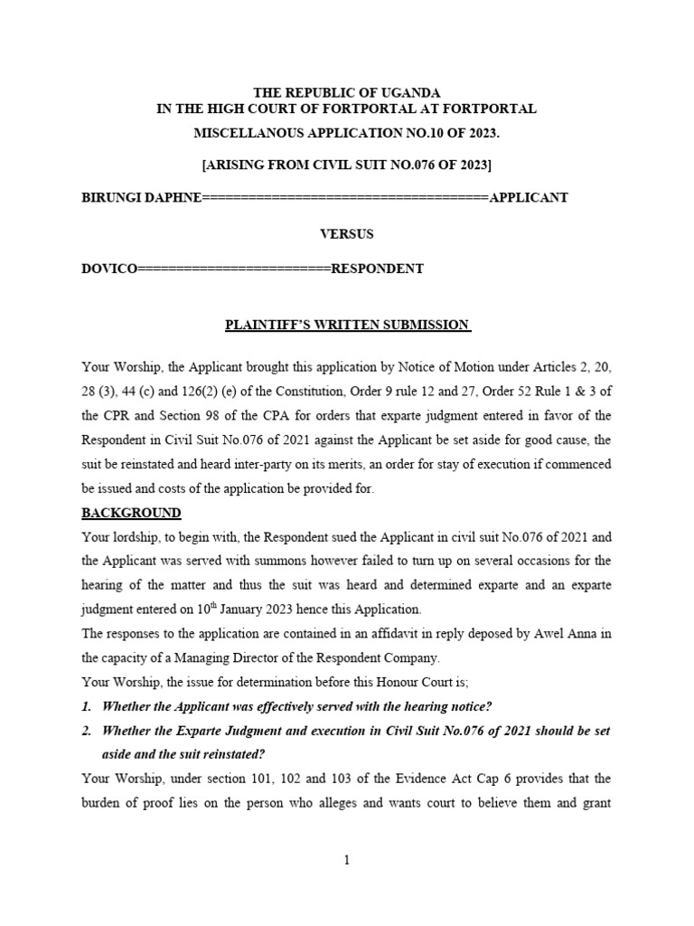 Submission On Setting Aside Exparte | PDF | Lawsuit | Judgment (Law)