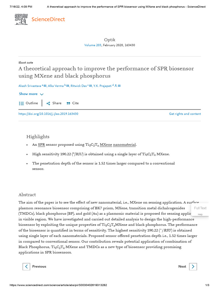 Optik Paper | PDF | Surface Plasmon Resonance | Biosensor
