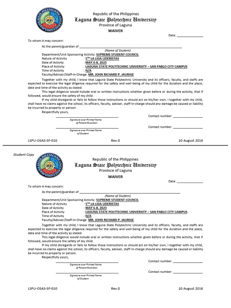 5th La Liga Lideristas Waiver Form | PDF | Government | Private Law
