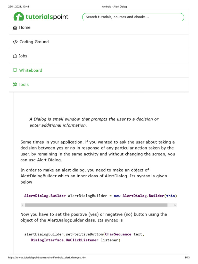 Android - Alert Dialog | PDF | Android (Operating System) | Dialog Box Android - Alert Dialog | PDF | Android (Operating System) | Dialog Box