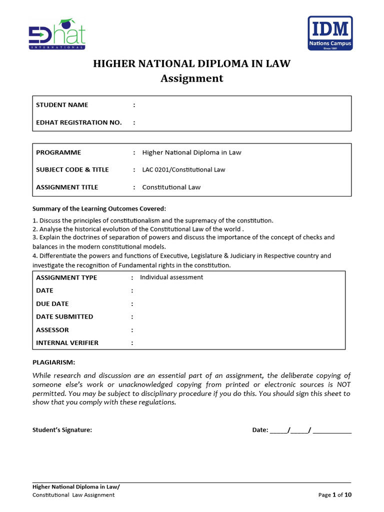 Constitutional Law Assignment | Download Free PDF | Separation Of Powers | Constitution