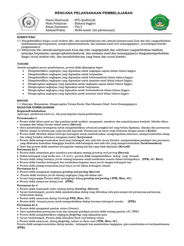 Rencana Pelaksanaan Pembelajaran: Kompetensi | PDF | Karier & Perkembangan | Seni & Disiplin Bahasa