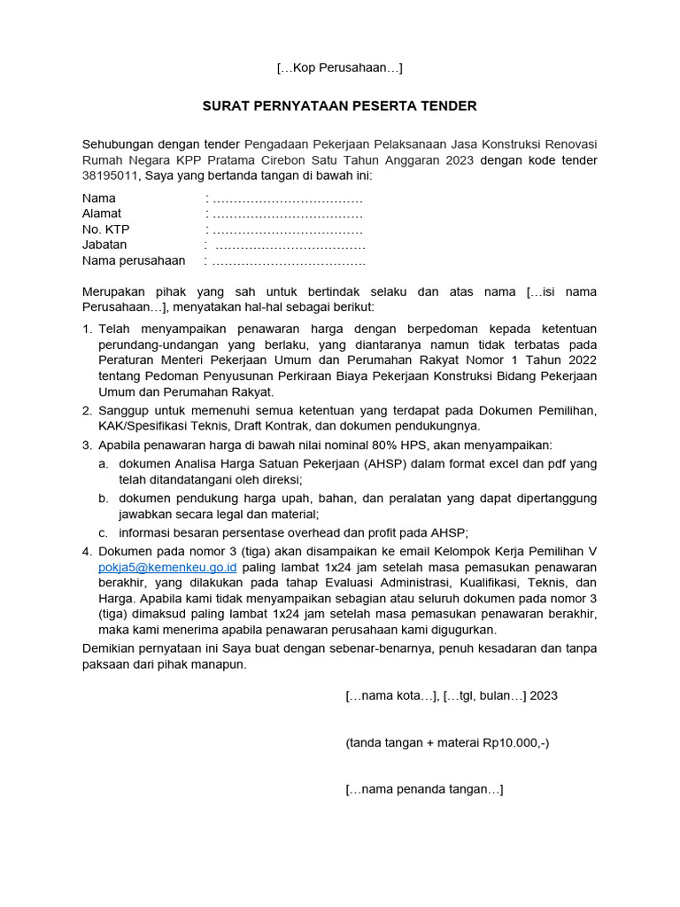 Format Surat Pernyataan Peserta Tender | PDF