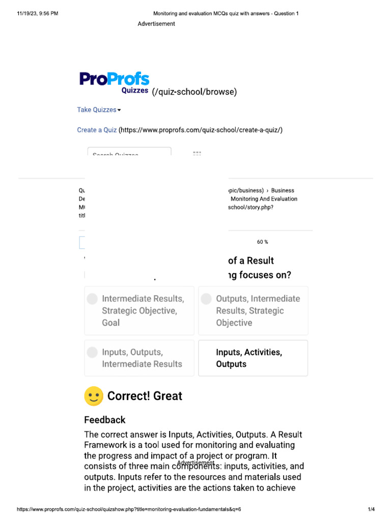 Monitoring and Evaluation MCQs Quiz With Answers - Question 1 | PDF