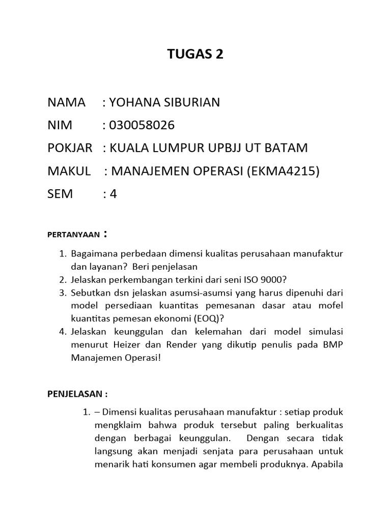 YOHANASIBURIAN ManejemenOperasi44 EKMA4215 TUGAS2 | PDF