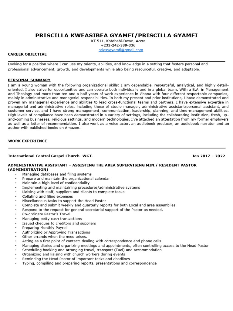 Priscilla Kweasibea Gyamfi - Priscilla Gyamfi (Cv-New Final) - 2023 | PDF | Leadership | Cheque