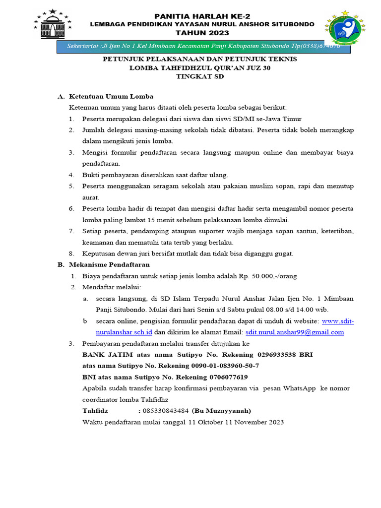 Tatib Dan Juknis SD Terbaru Lomba Tahfiddz JUz 30 | PDF
