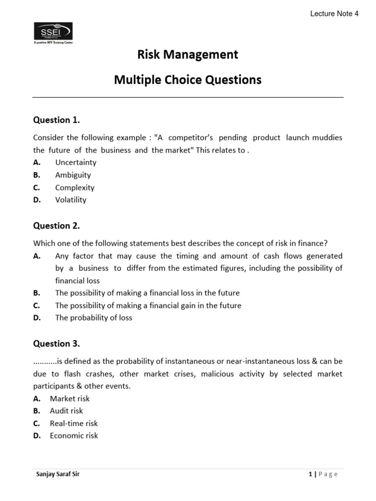 Risk Management MCQs for Finance Students | PDF | Risk | Systemic Risk