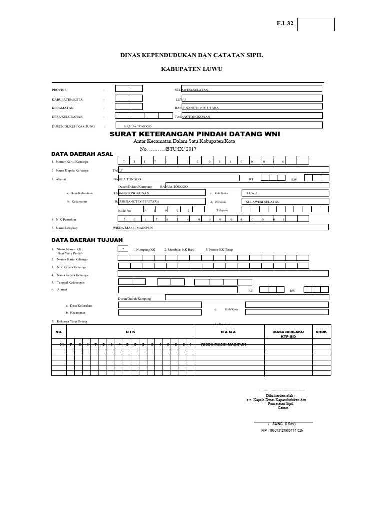 Surat Keterangan Pindah Datang Wni: Antar Kecamatan Dalam Satu Kabupaten/Kota No. /BTU/IX/ 2017 ...