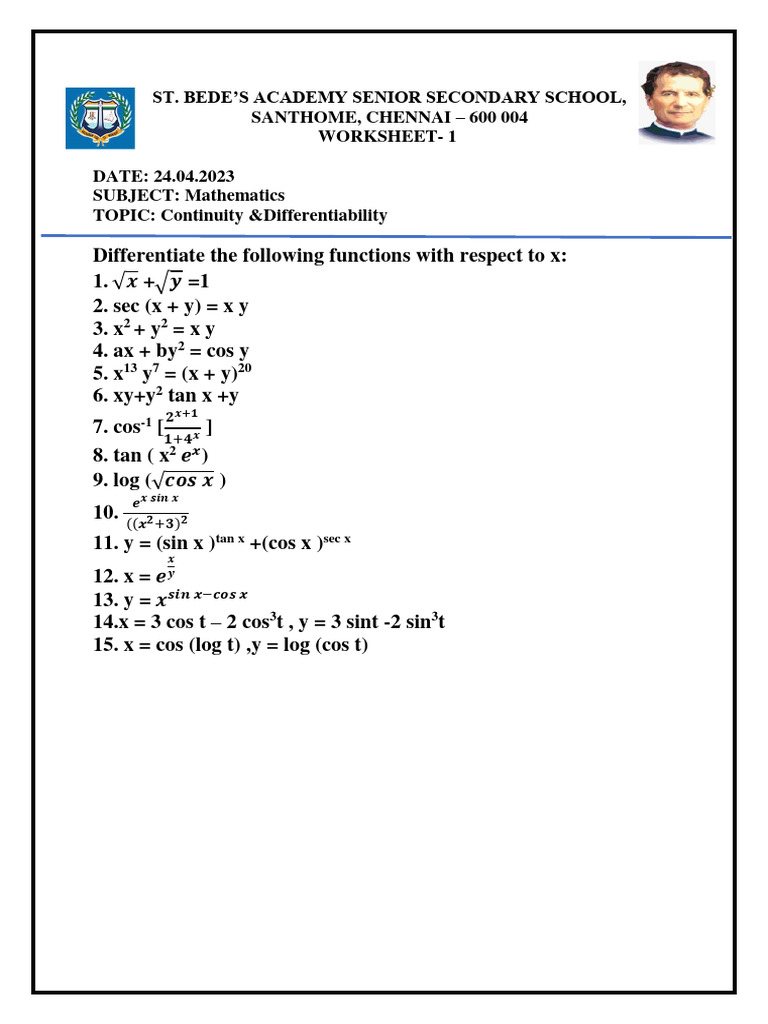 Math Worksheet: Continuity & Differentiability | PDF