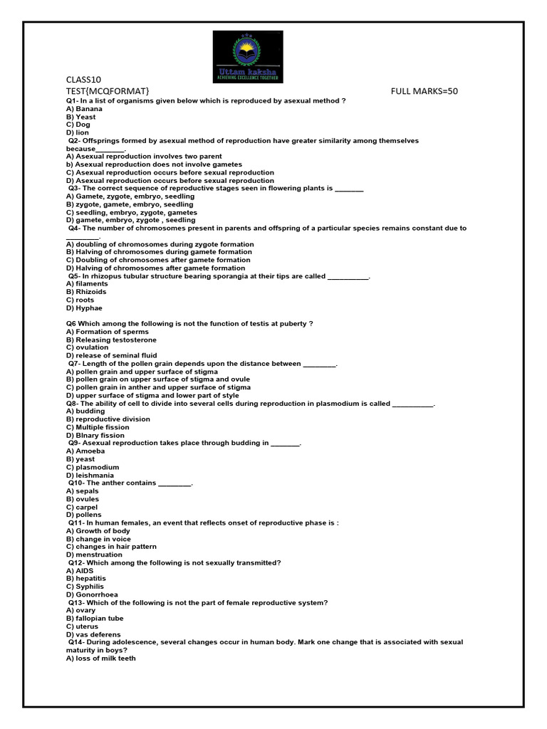 Reproduction MCQ Test Class10 | PDF | Sexual Reproduction | Flowers