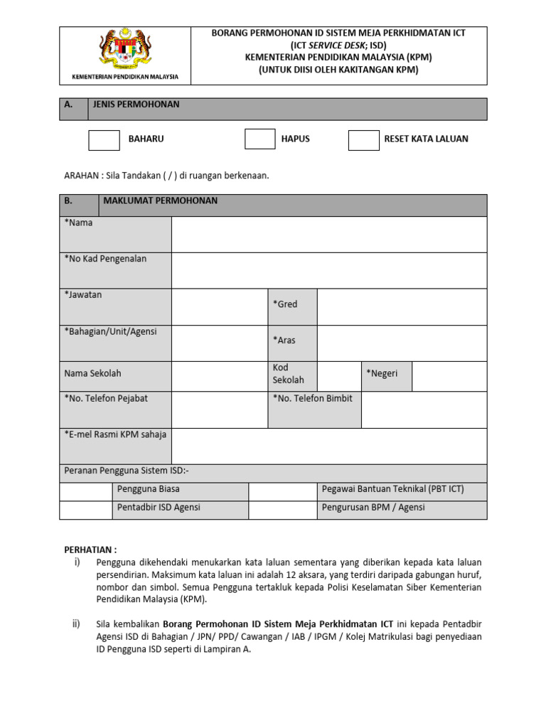 Borang Permohonan Id Sistem Meja Perkhidmatan Ict (Ict Service Desk Isd ...