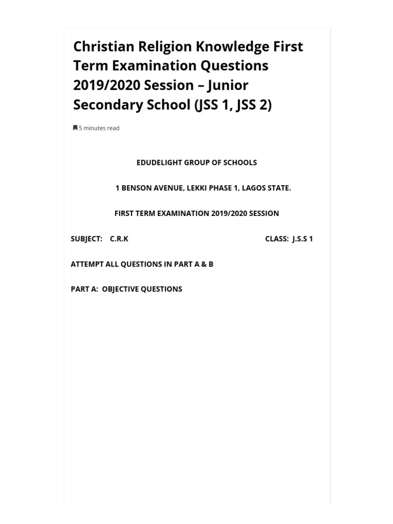 Christian Religion Knowledge First Term Examination Questions 2019 ...