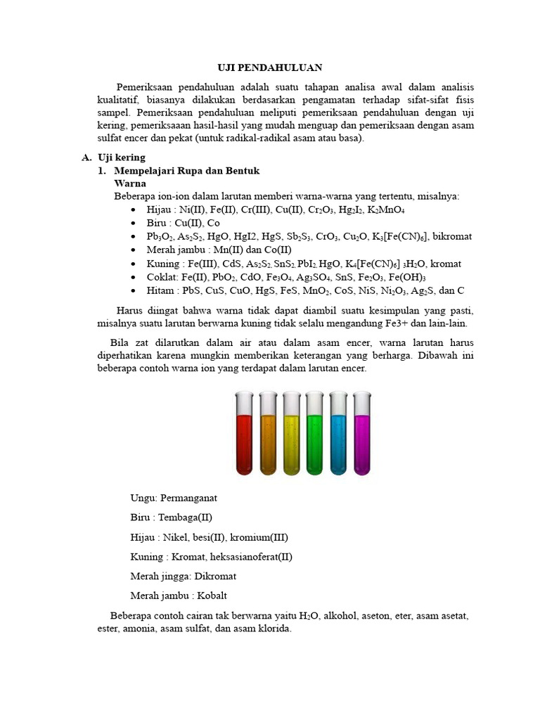 Uji Pendahuluan Kimia Analisis Kualitatif | PDF