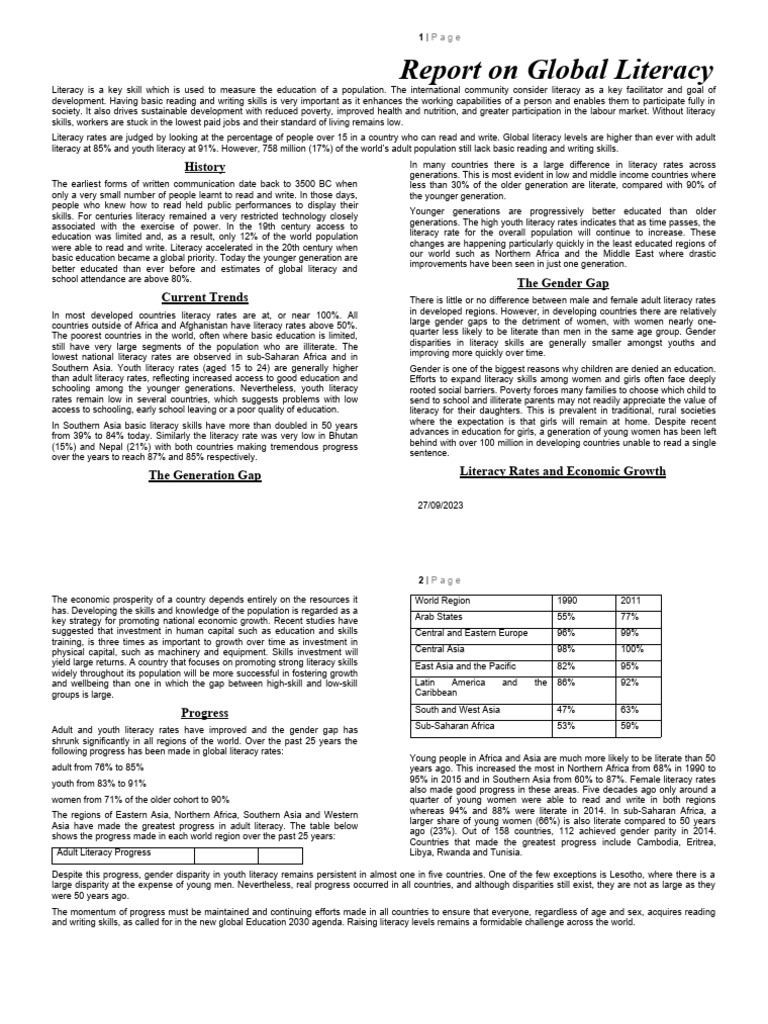 Report On Global Literacy | PDF | Literacy | Economic Growth