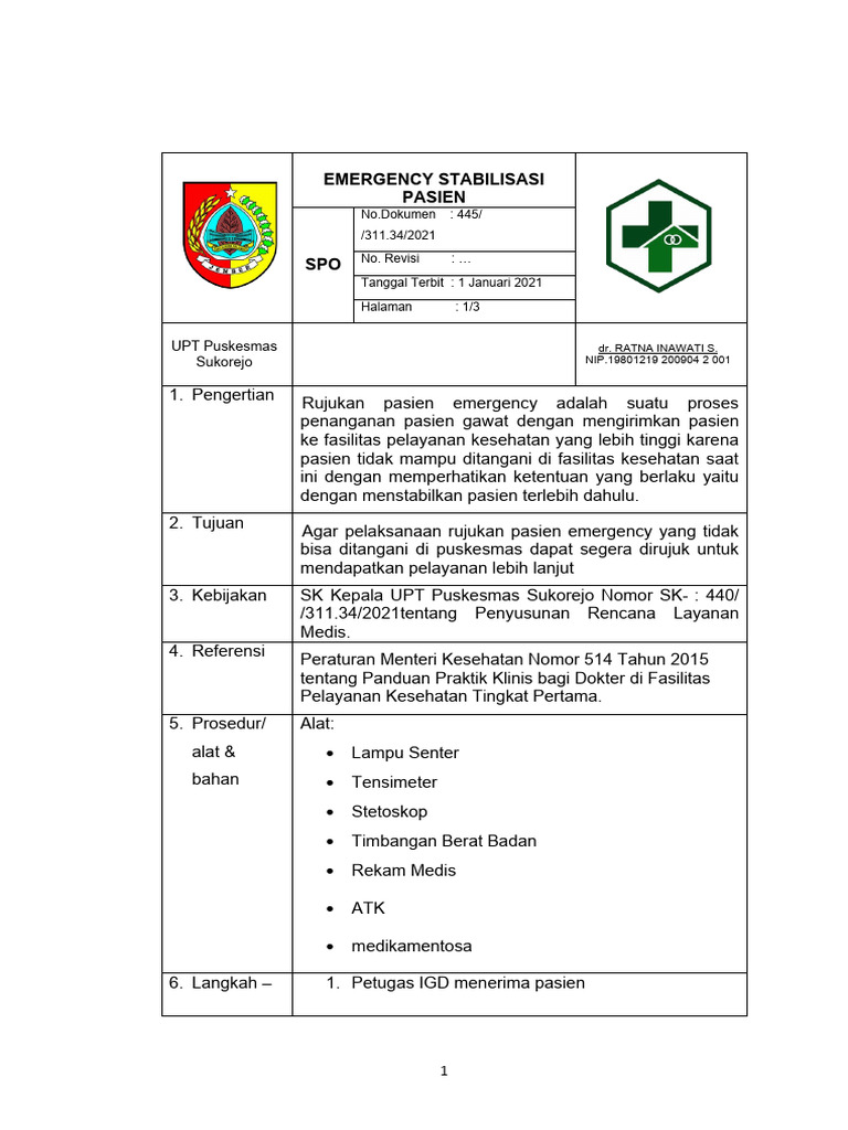 SPO Emergency Stabilisasi Pasien | PDF