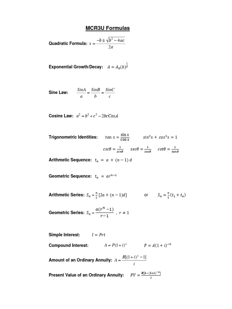 MCR3U Final Exam Formula Sheet | PDF