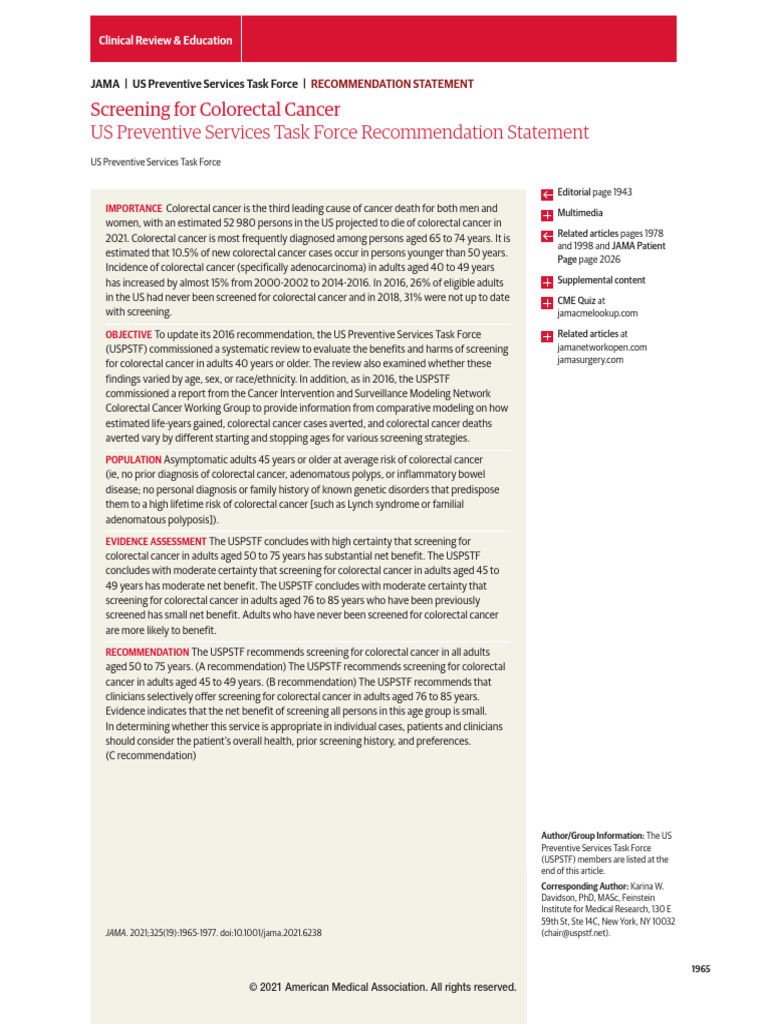 Colorectal Cancer Screening Final Recommendation | PDF | Colorectal Cancer | Cancer
