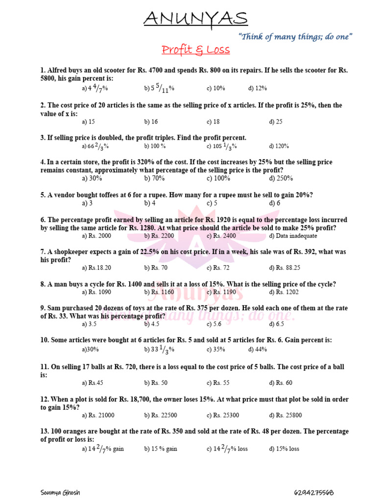 Profit & Loss Quiz for Students | PDF | Percentage | Prices