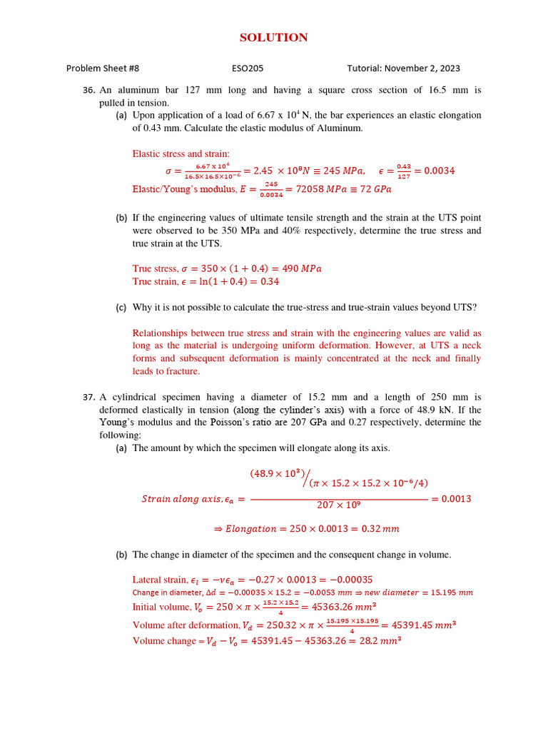 ESO205 ProblemSheets-8 Solutions | PDF | Deformation (Engineering) | Ultimate Tensile Strength