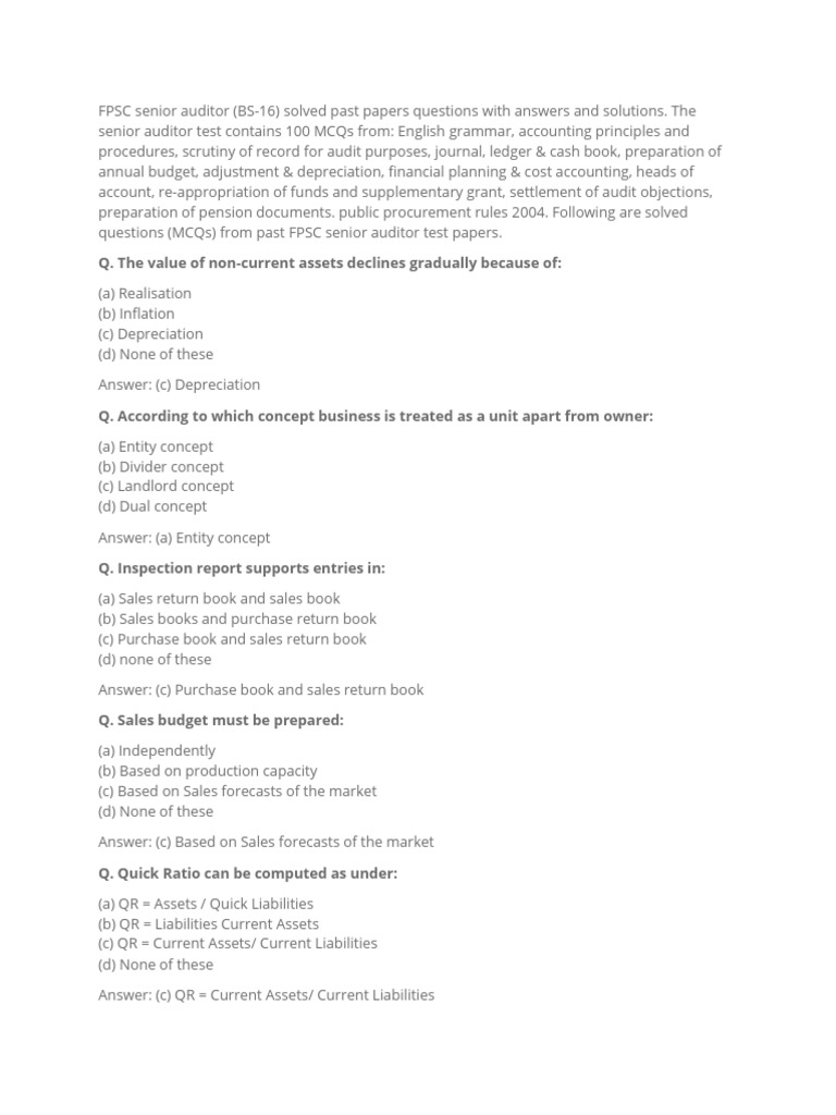 FPSC Senior Auditor Past Pappers | PDF | Book Value | Depreciation