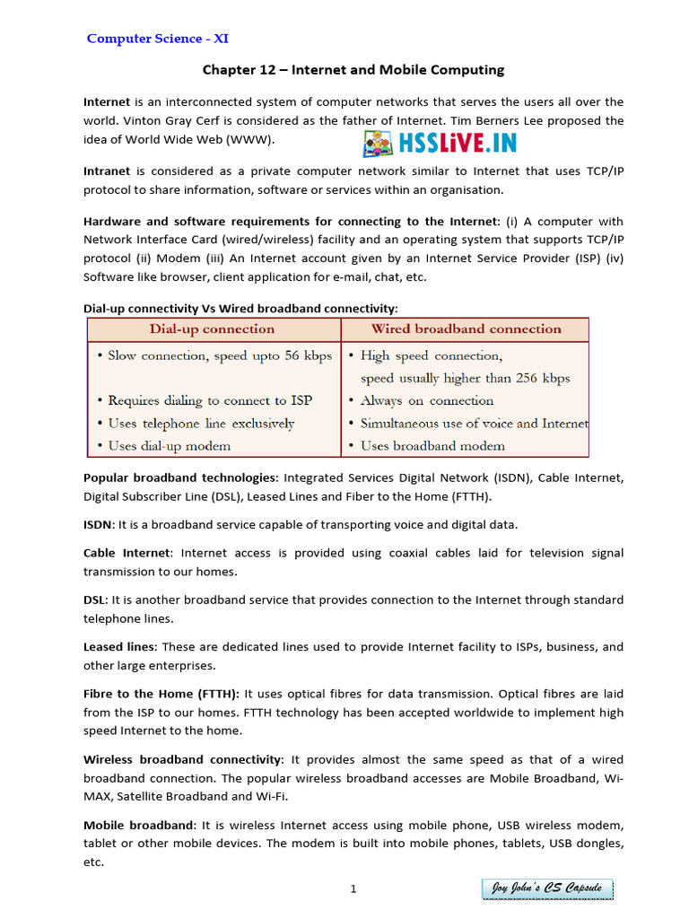 Hsslive-CS1 - Chap12 - Internet and Mobile Computing | PDF | Internet Access | World Wide Web