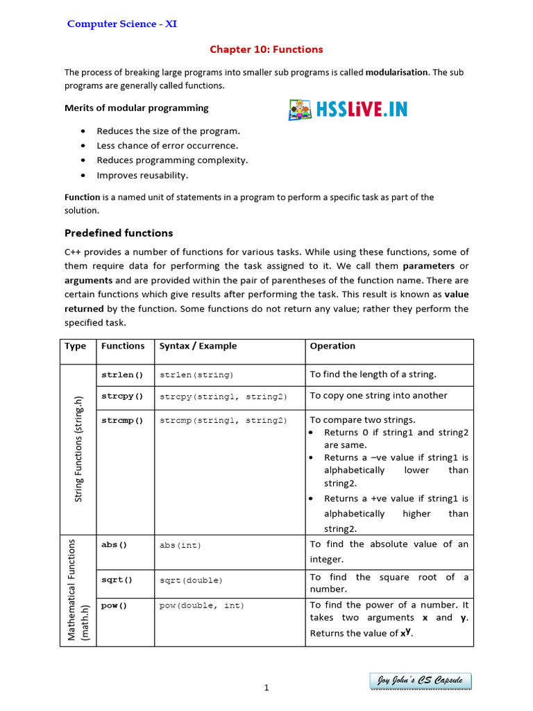 Hsslive-CS1 Chap10 Functions | PDF | Parameter (Computer Programming) | Integer (Computer Science)